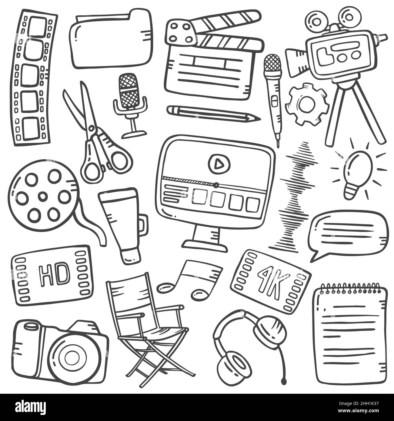 video editing concept doodle hand drawn set collections with outline ...
