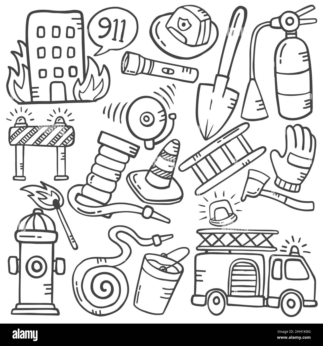 firefighter team concept doodle hand drawn set collections with outline ...