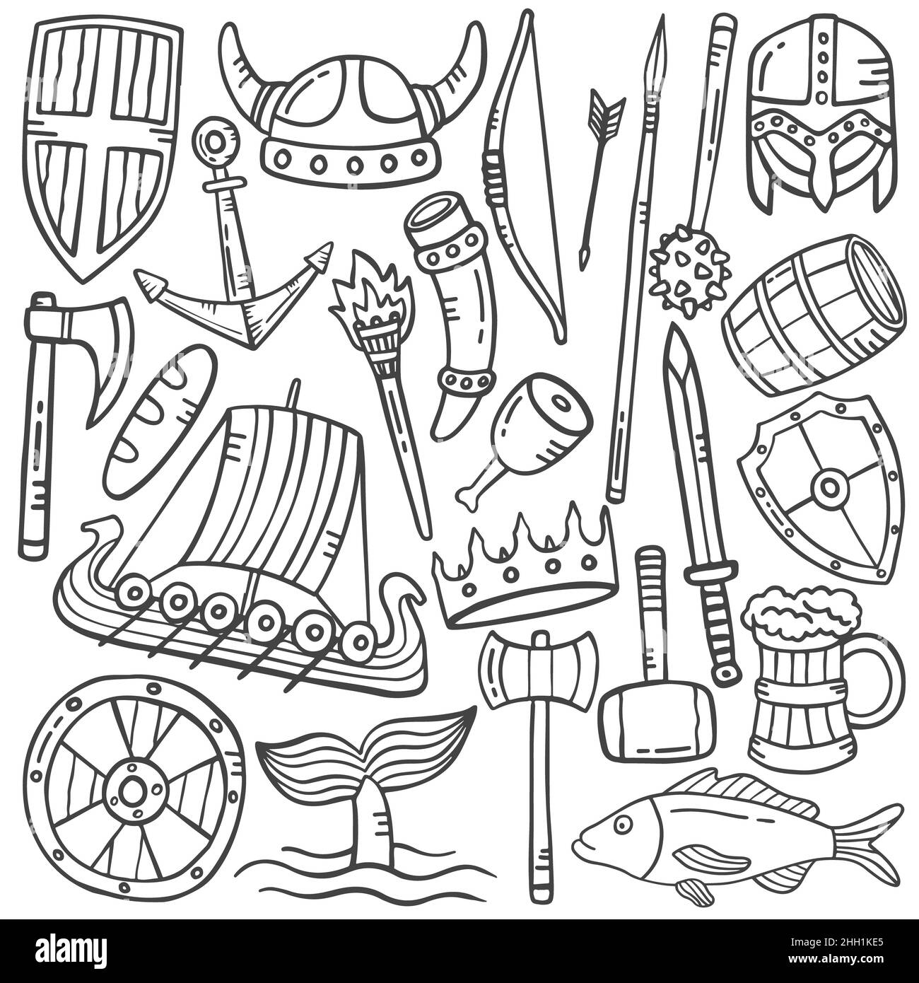 vikings concept doodle hand drawn set collections with outline black ...