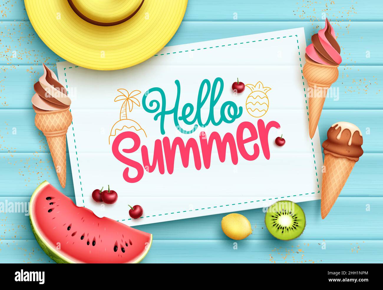 Summer vector template design. Hello summer text with tropical elements of ice cream cone ...