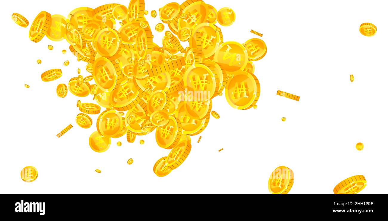 Korean won coins falling. Good-looking scattered WON coins. Korea money ...