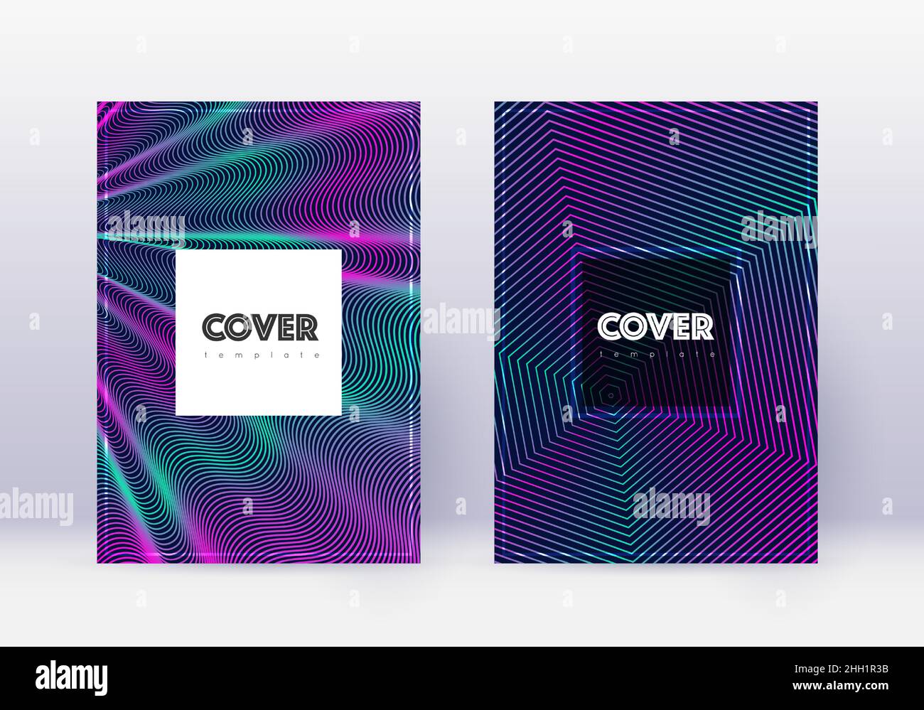 Hipster cover design template set. Neon abstract lines on dark blue ...