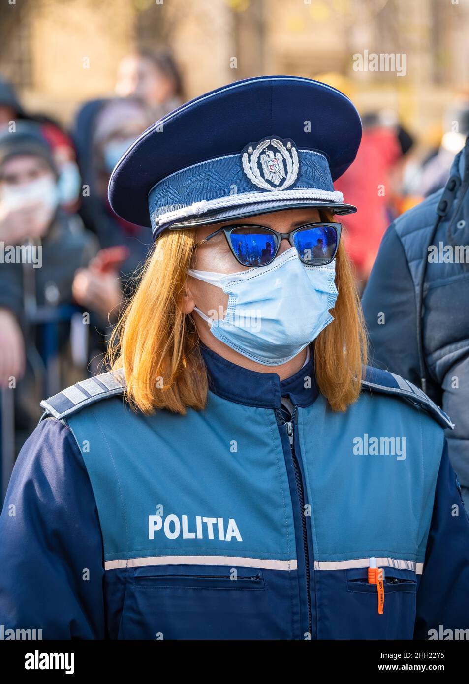 Bucharest, Romania - 12.01.2021: Female police officer at the unity day ...