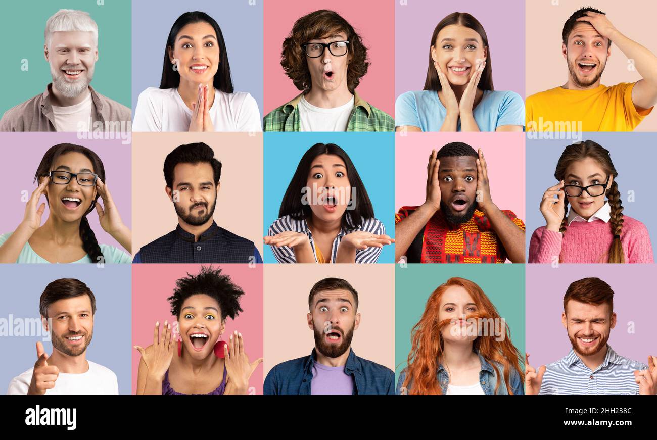 Multiple collage of diverse people expressing different emotions ...