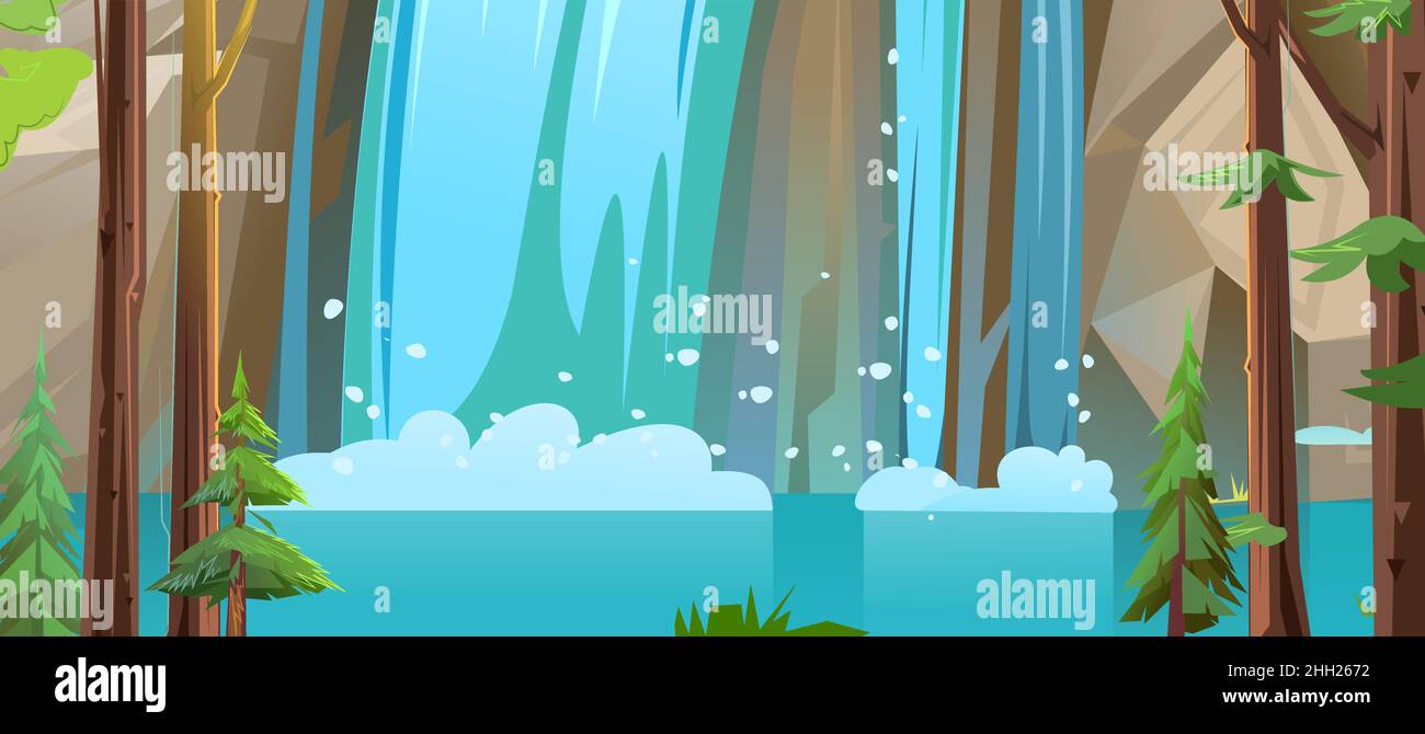 Summer landscape with waterfall among rocks. Cascade shimmers downward ...