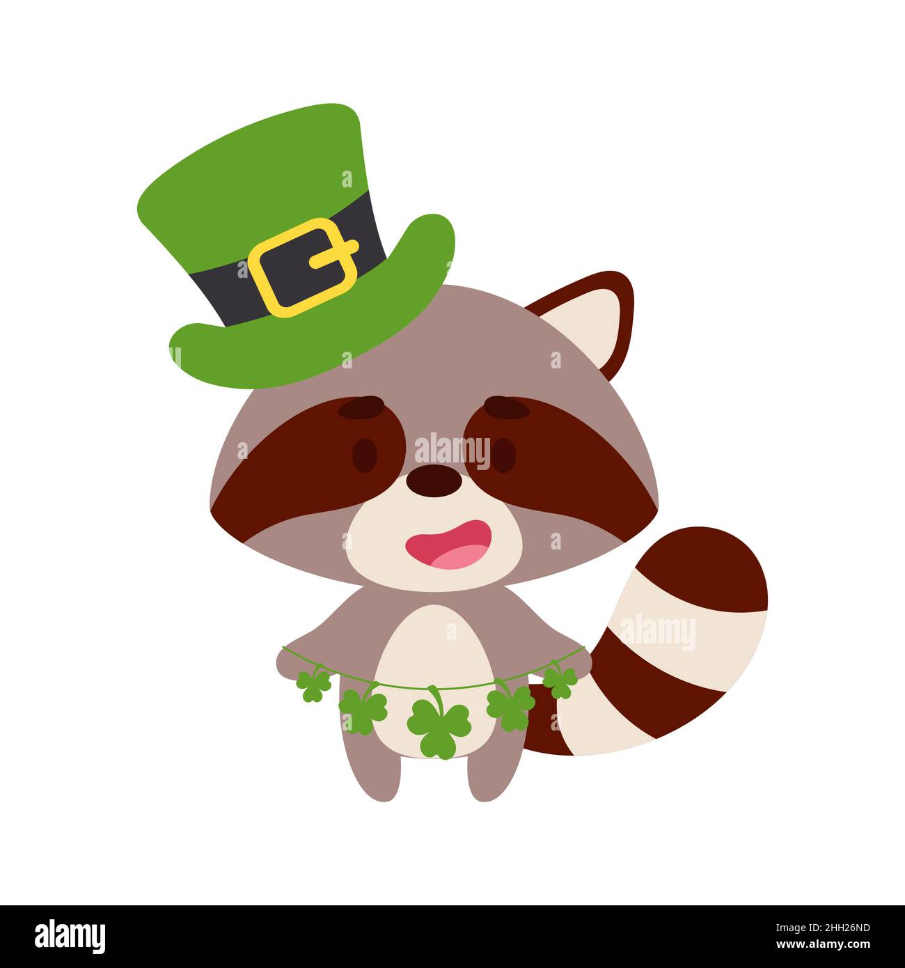 Cute raccoon in St. Patrick's Day leprechaun hat holds shamrocks. Irish ...