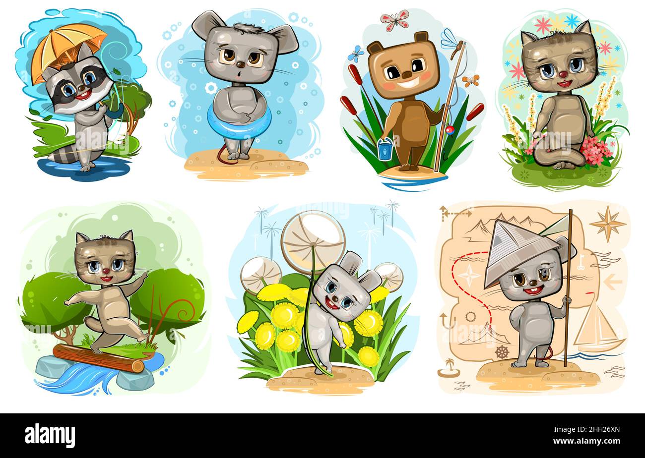 Set of cartoon animals. Summer landscapes of childhood. Beautiful baby ...