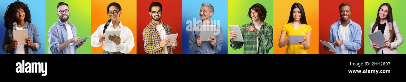 Online Work. Portraits Of Diverse Happy People Using Digital Tablets ...