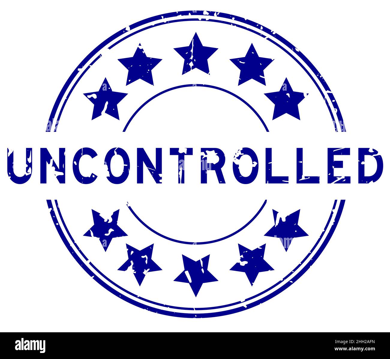 Grunge blue uncontrolled word with star icon round rubber seal stamp on ...