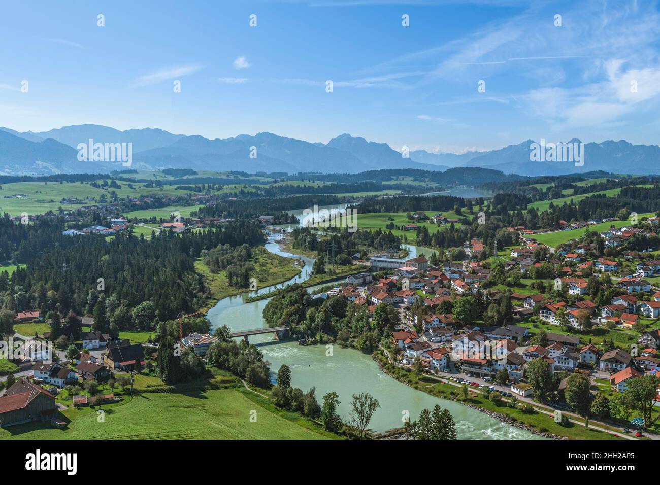 Aerial view to Lechbruck and the Lech lake Stock Photo - Alamy
