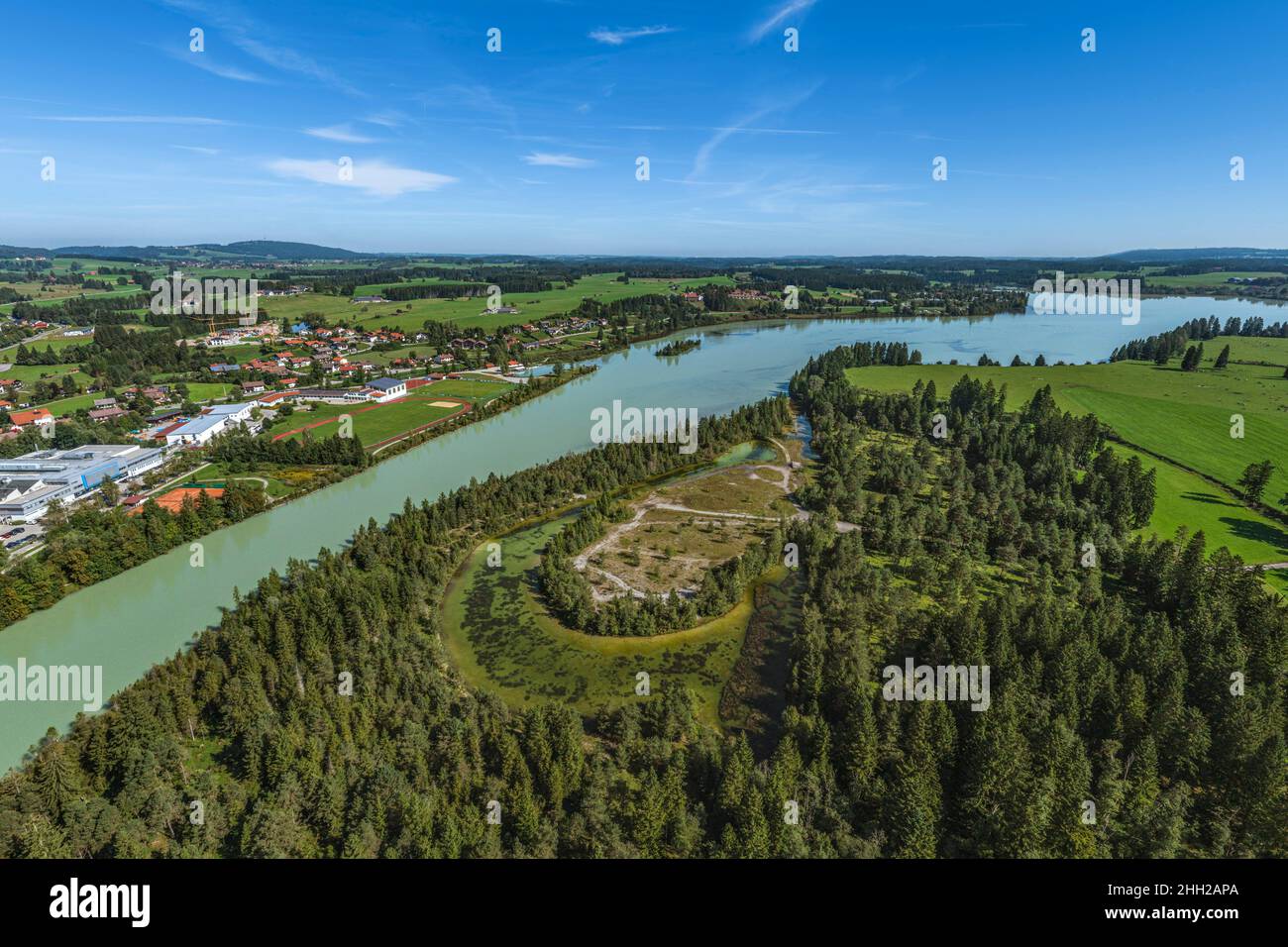 Aerial view to Lechbruck and the Lech lake Stock Photo - Alamy