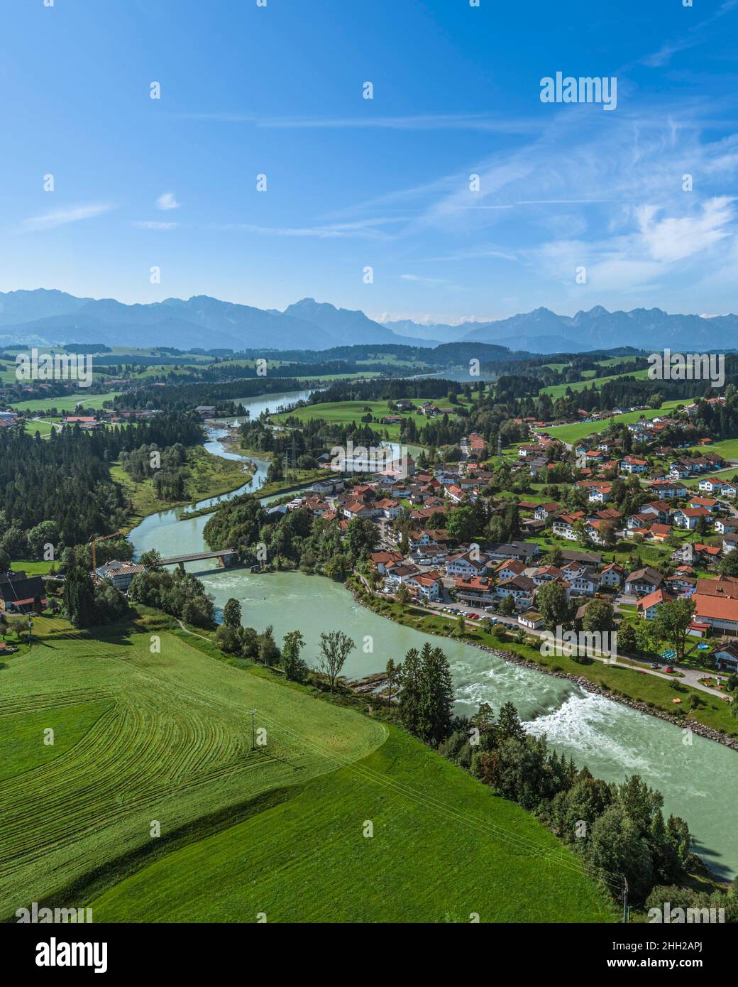 Aerial view to Lechbruck and the Lech lake Stock Photo - Alamy
