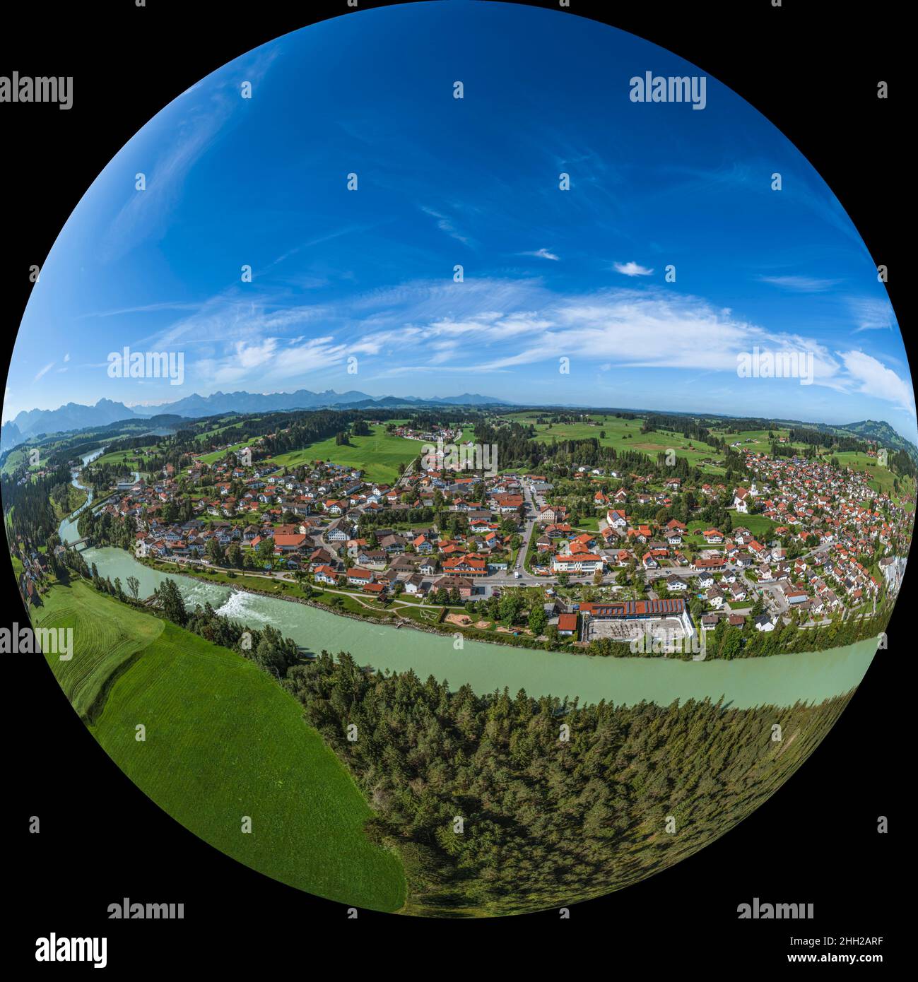Aerial view to Lechbruck and the Lech lake Stock Photo - Alamy