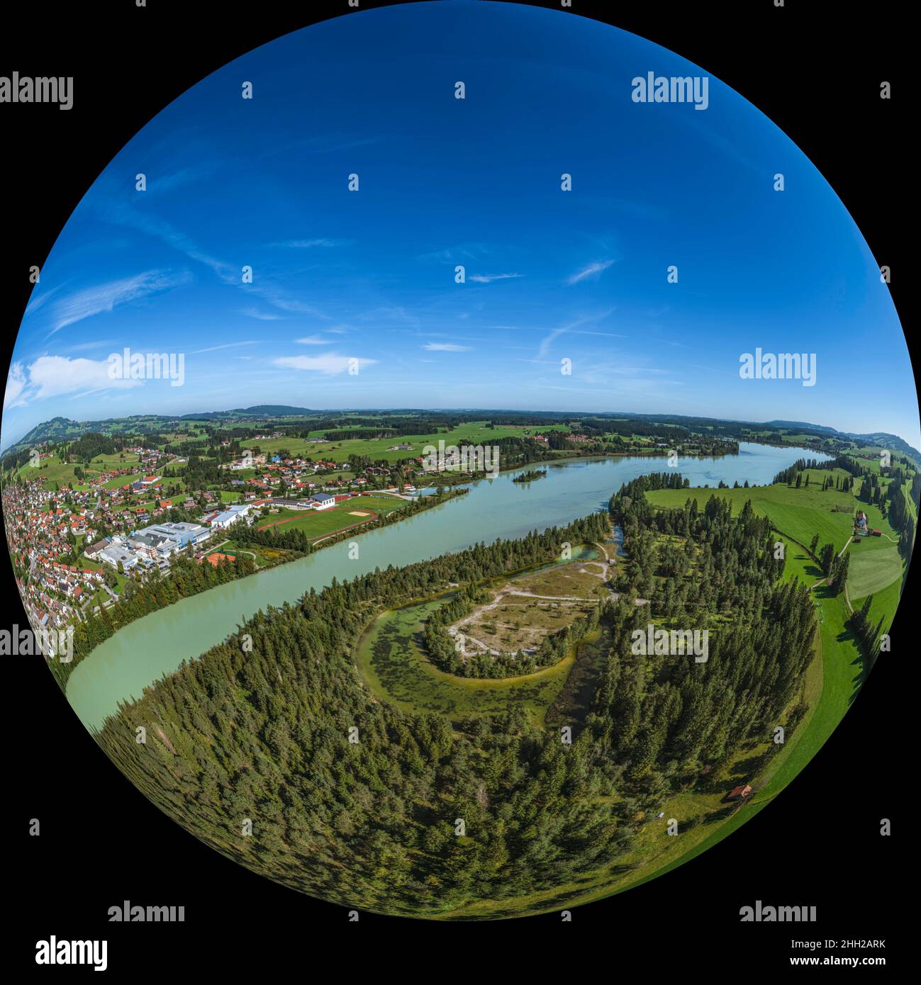 Aerial view to Lechbruck and the Lech lake Stock Photo - Alamy