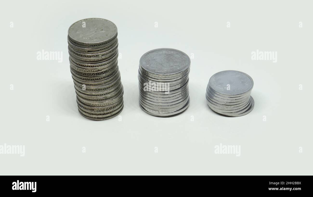 Pile of Indian Rupee Coins. Five rupees and two rupees and one rupee ...