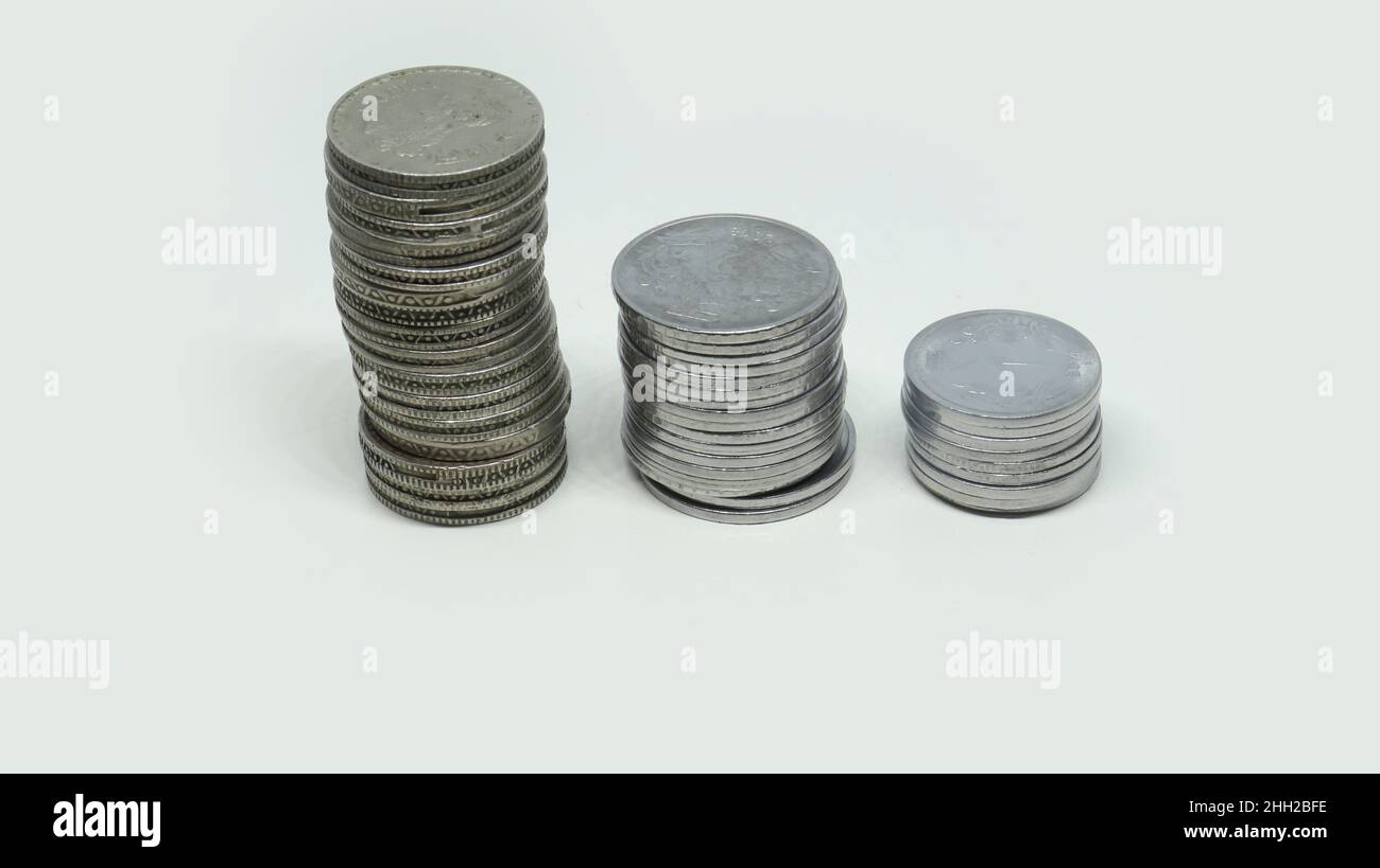 Pile of Indian Rupee Coins. Five rupees and two rupees and one rupee ...