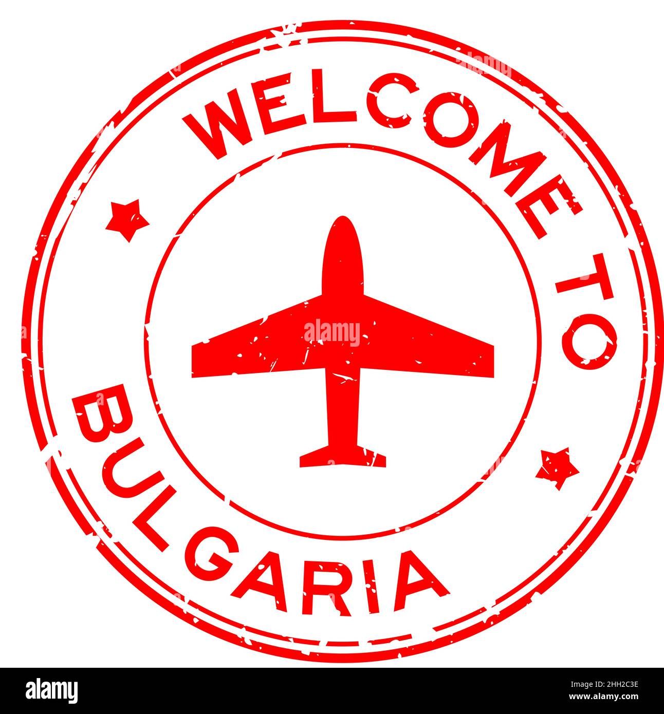 Grunge red welcome to Bulgaria word with airplane icon round rubber ...