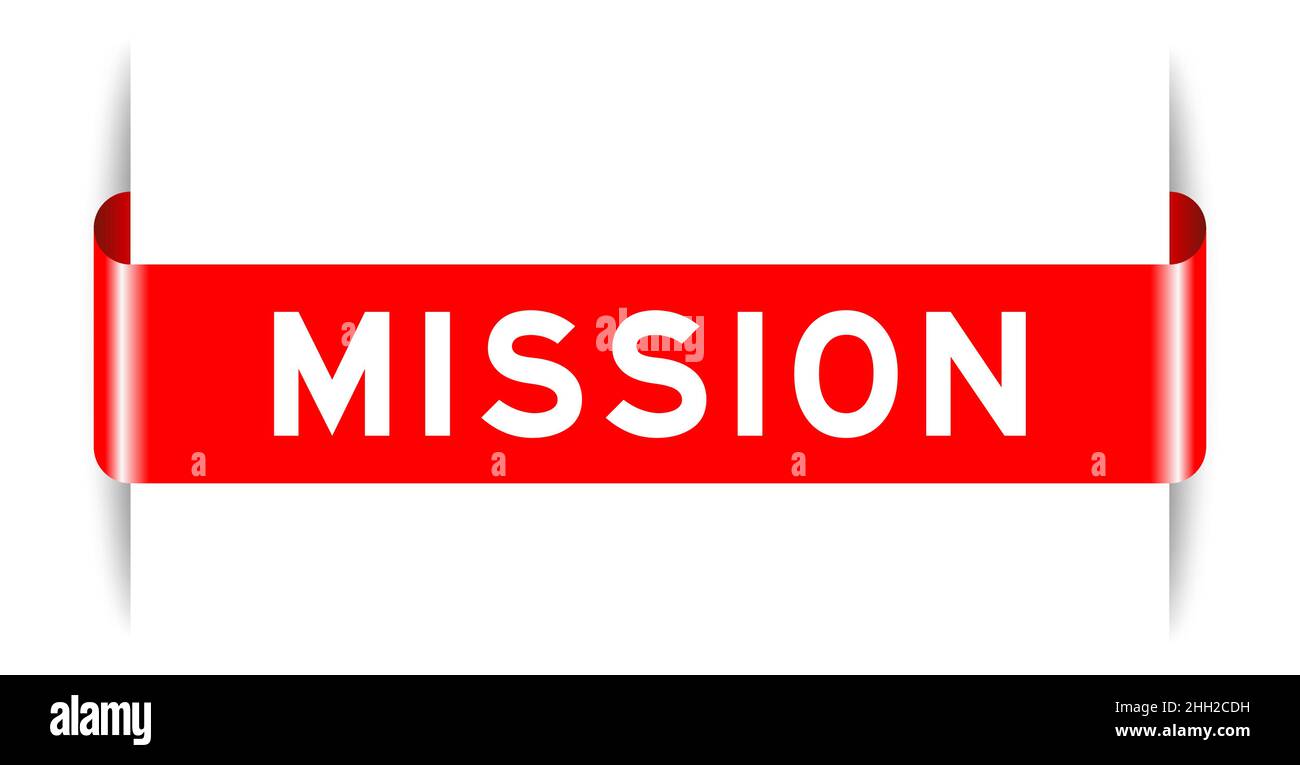 Red color inserted label banner with word mission on white background ...