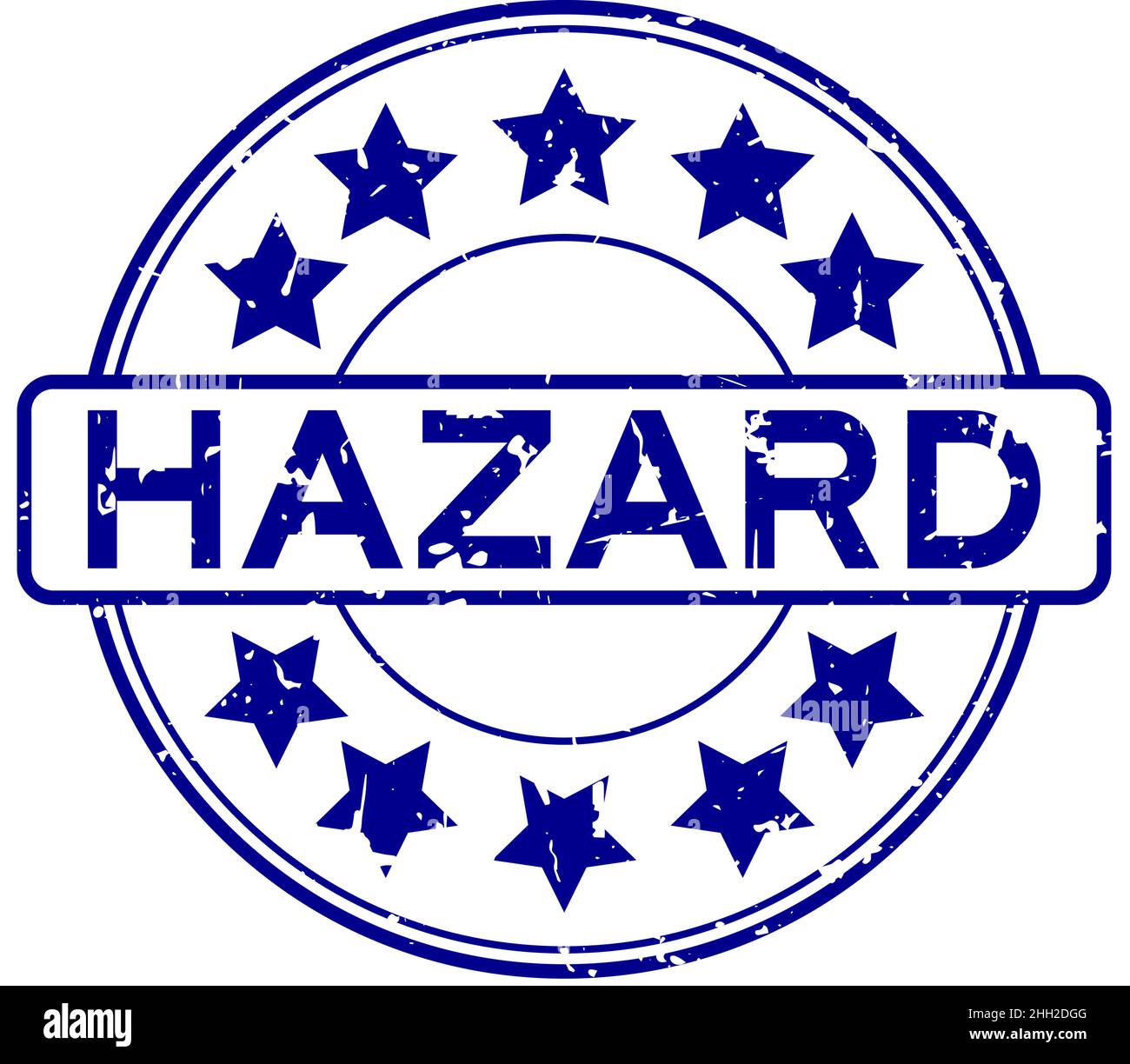 Grunge blue hazard word round rubber seal stamp on white background ...