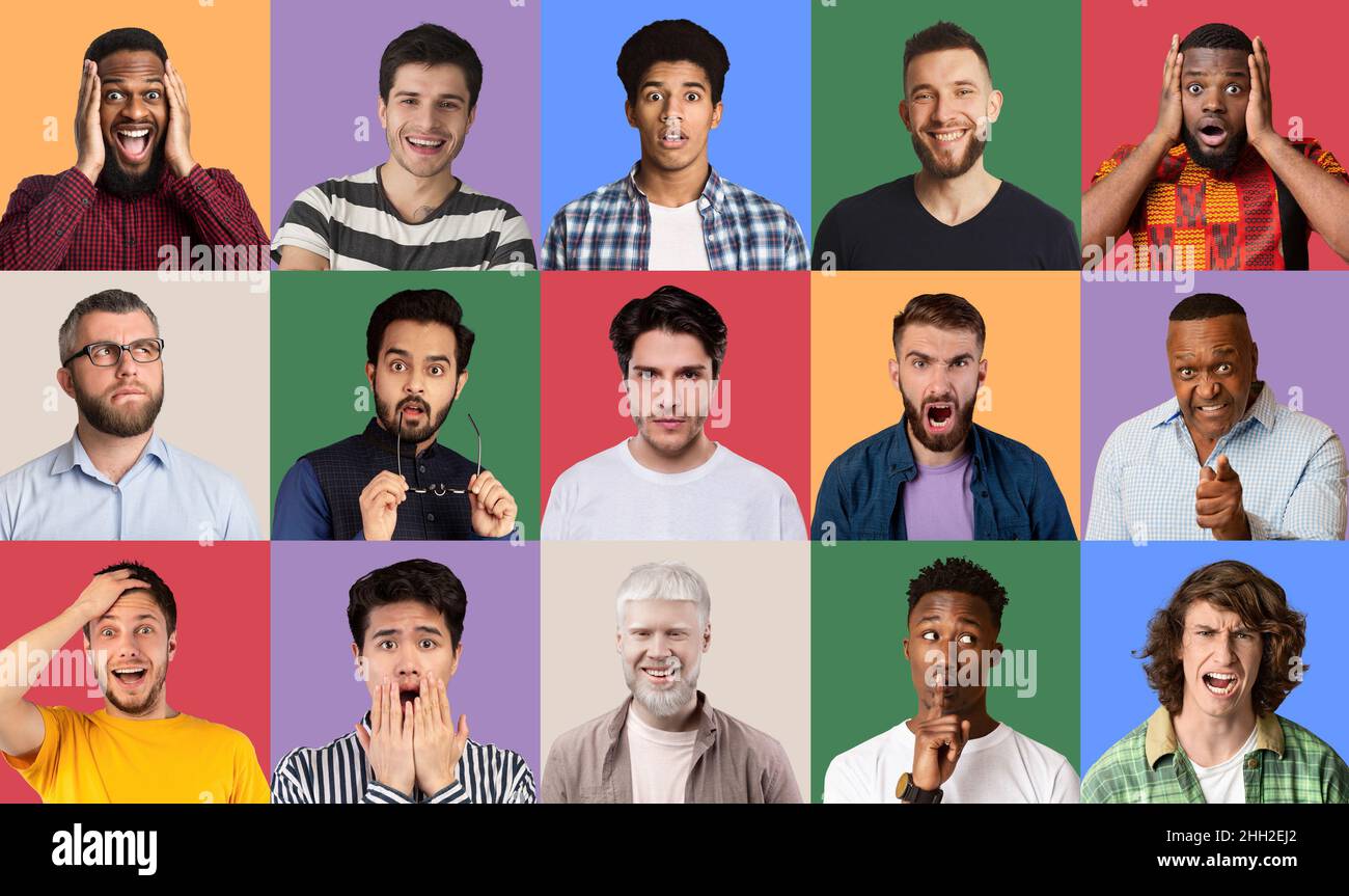 Collage set of diverse guys expressing different emotions Stock Photo ...