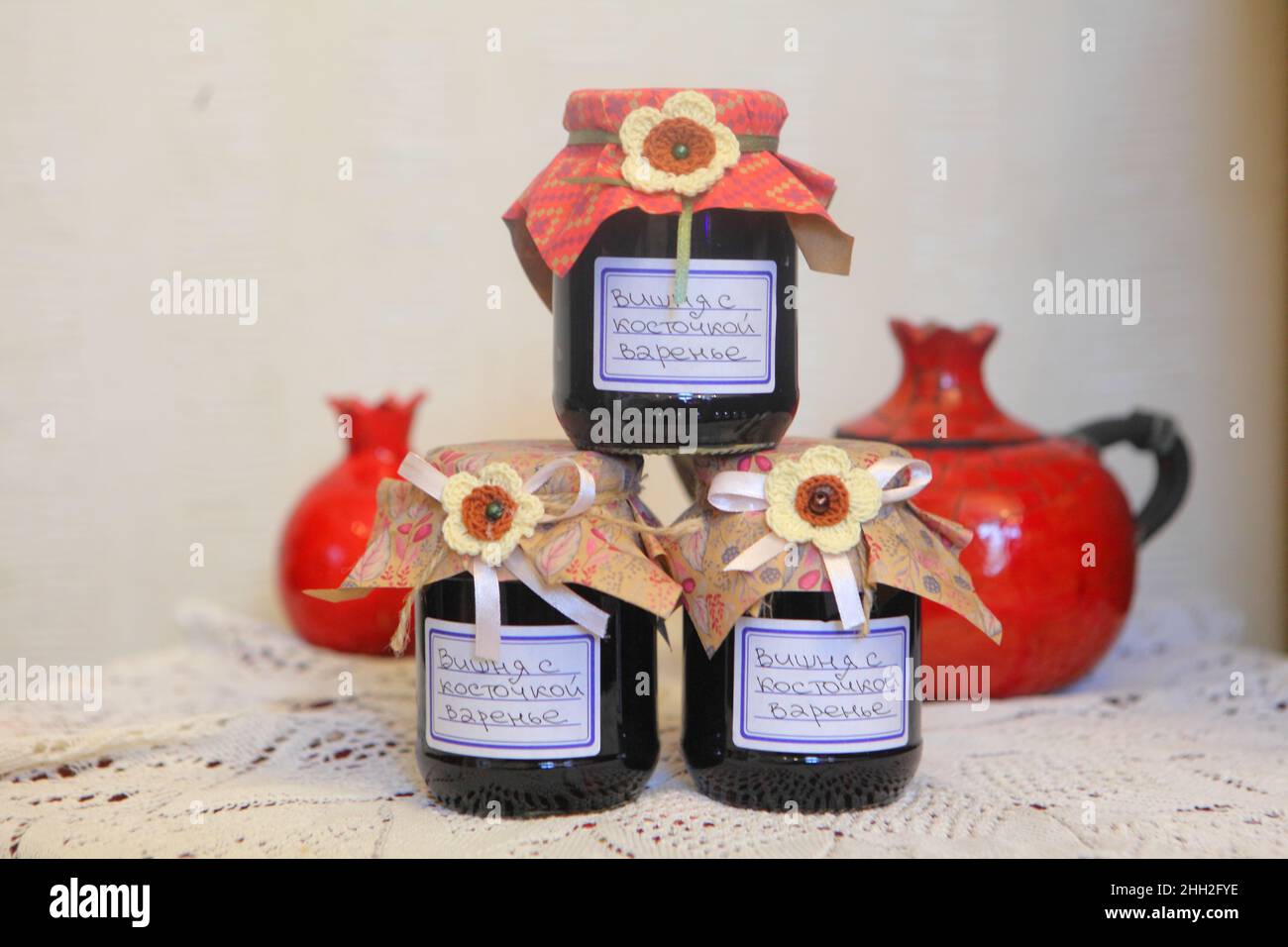 Assorted jams on the table in the kitchen Stock Photo - Alamy