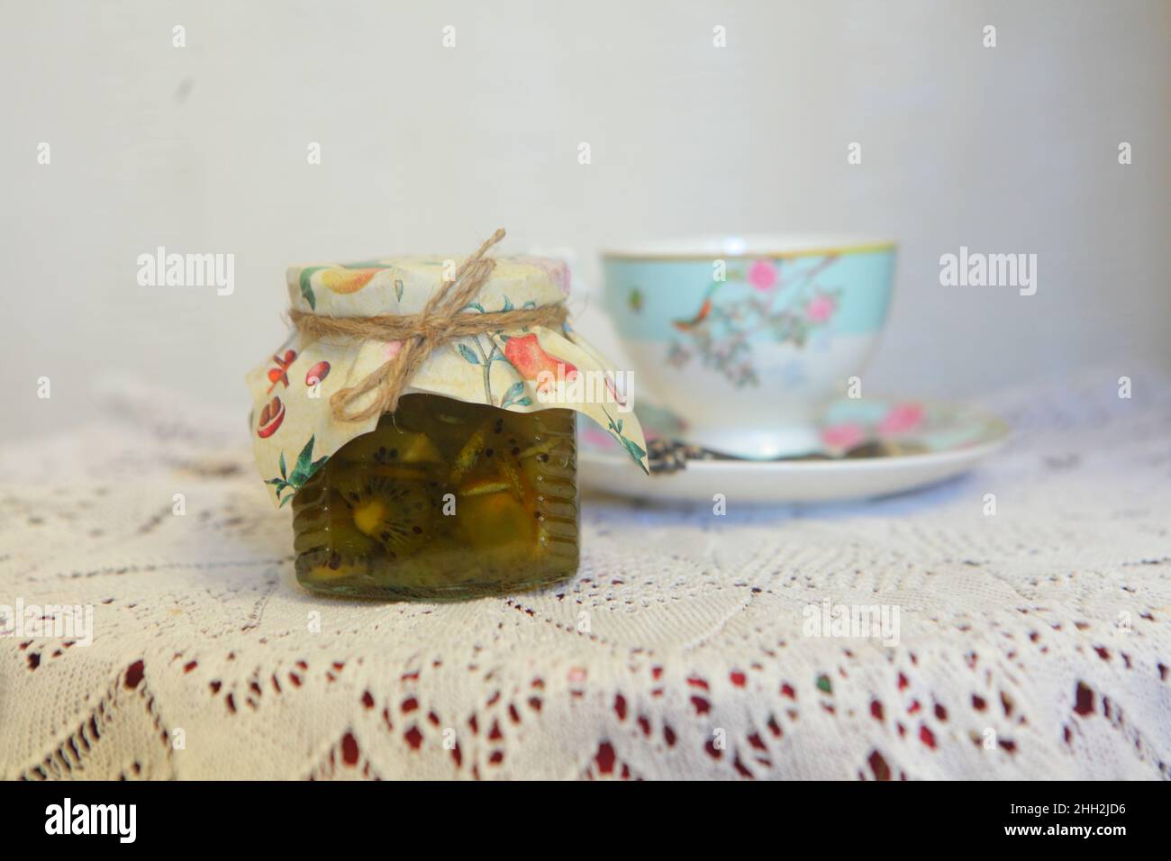 Assorted jams on the table in the kitchen Stock Photo - Alamy