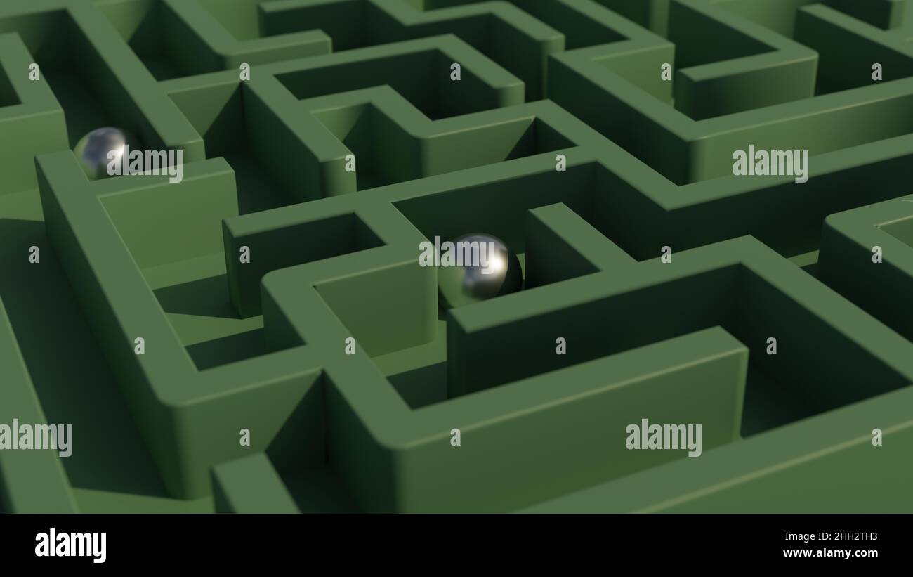 Steel balls inside maze. Choices, challenge and puzzle concept. 3D ...