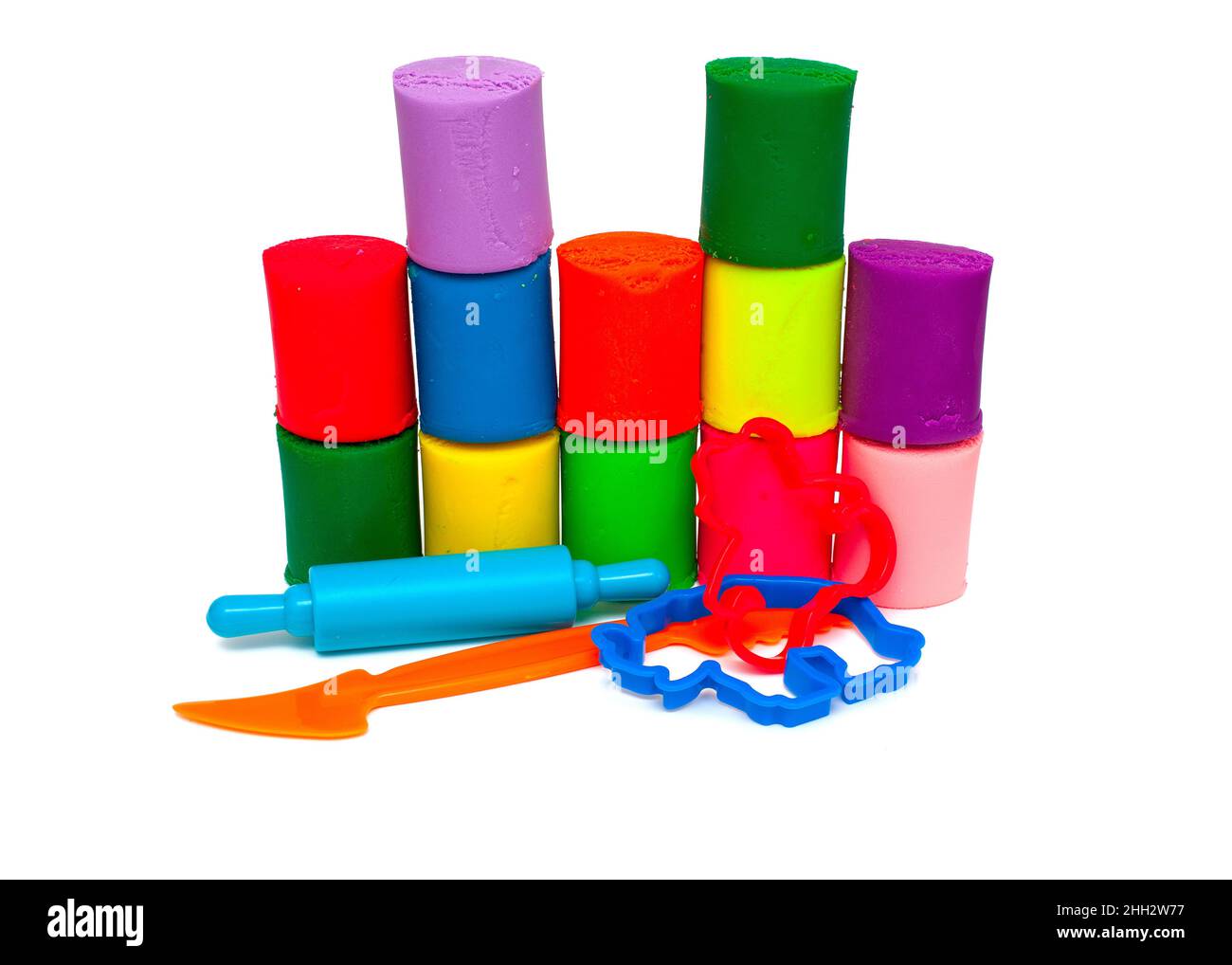 colorful molding dough and cutters for children isolated on white ...