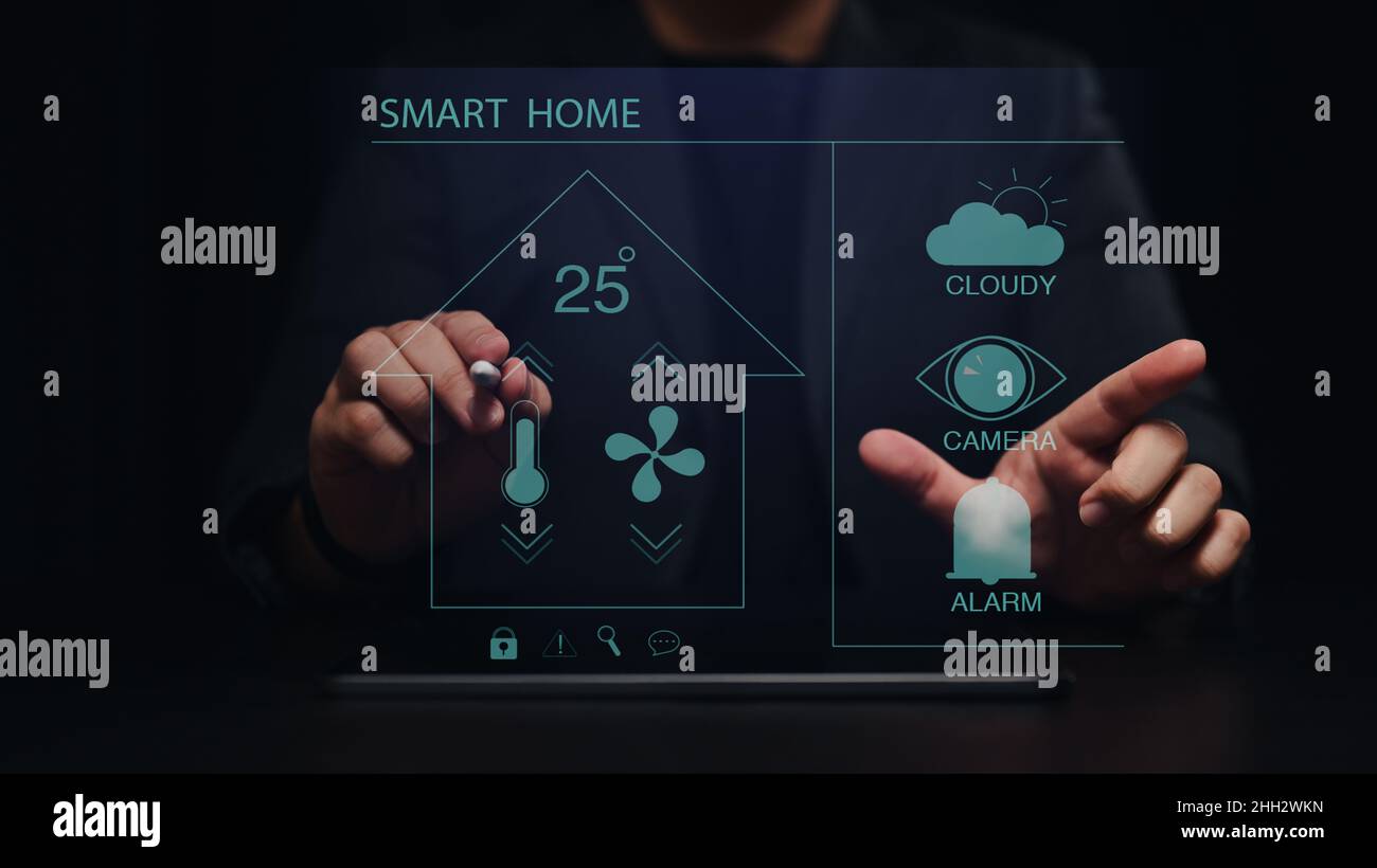 User controlling all the functions on a virtual screen of futuristic ...