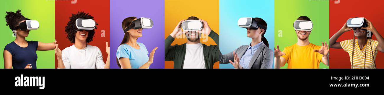 Modern gaming concept. Collage of millennial people wearing virtual ...