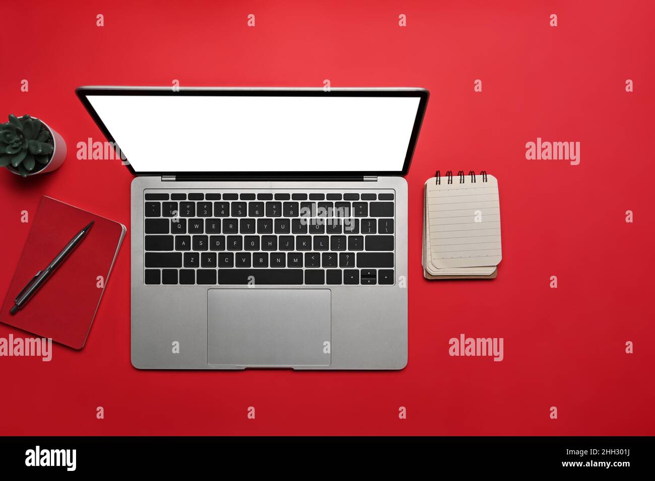Above view computer laptop with white screen, notepad and cactus on red ...