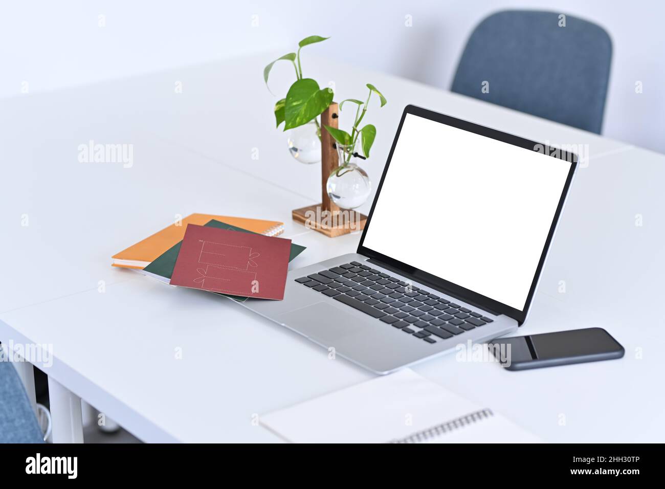 Computer laptop with empty display, smart phone, books and houseplant ...