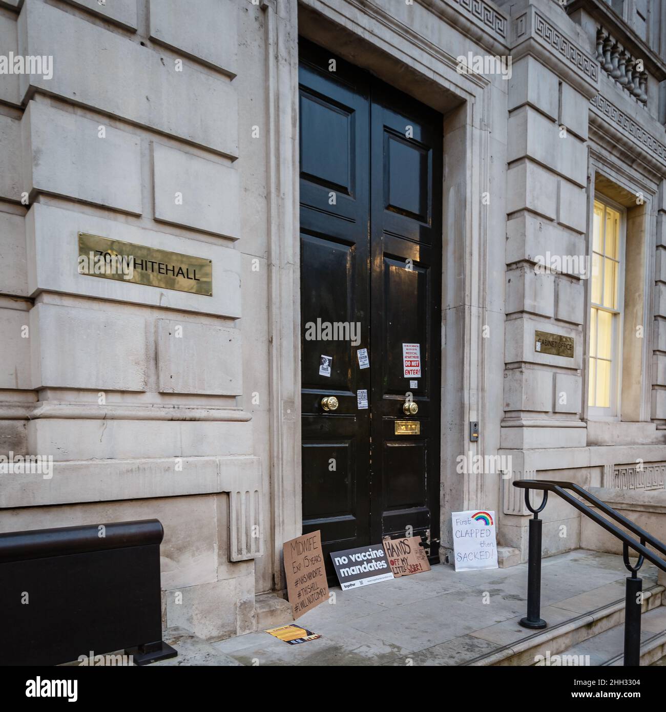 Protest signs outside the Cabinet Office in Whitehall, London Stock ...