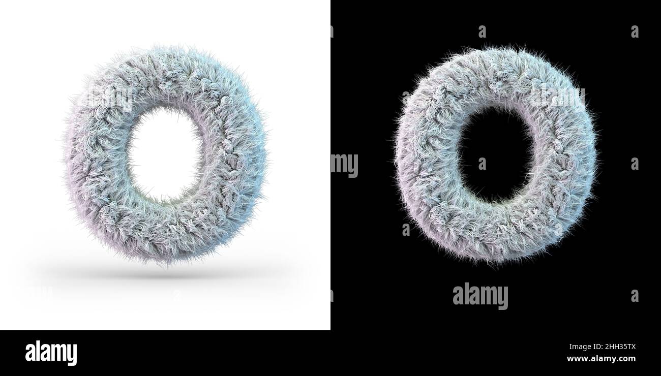 Capital letter O. Uppercase. White fluffy font on black and white ...