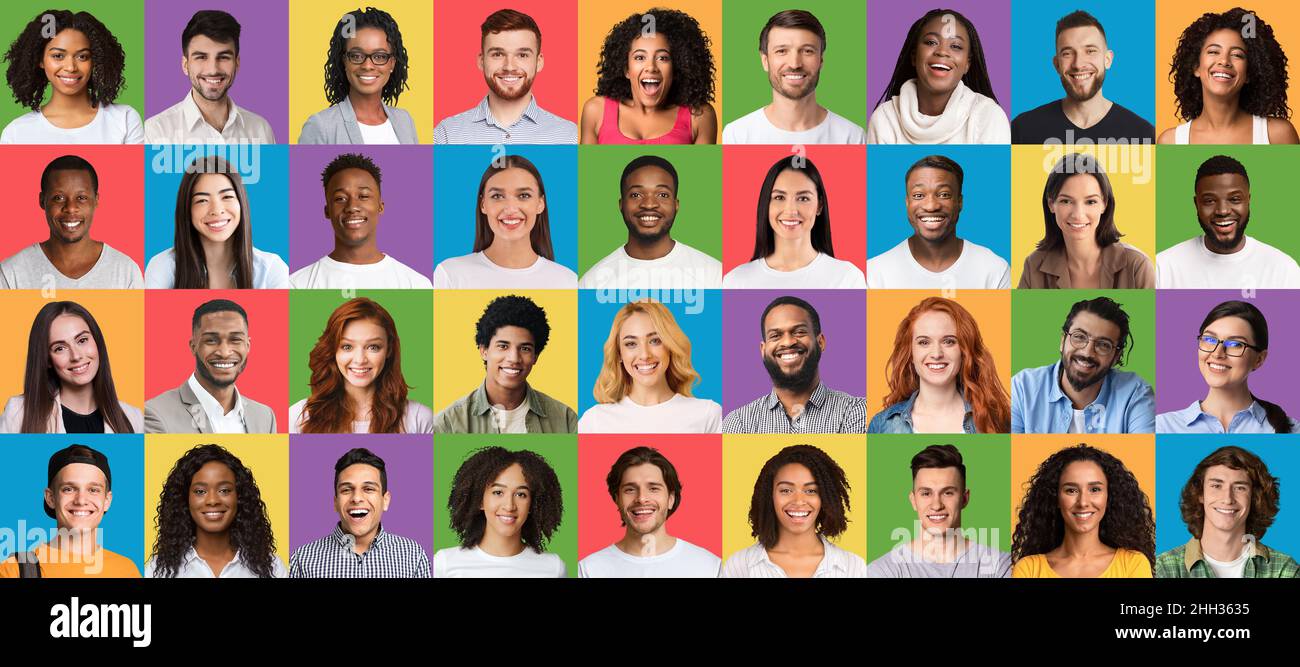 Positive emotions set. Collage of multiracial millennials portraits on ...