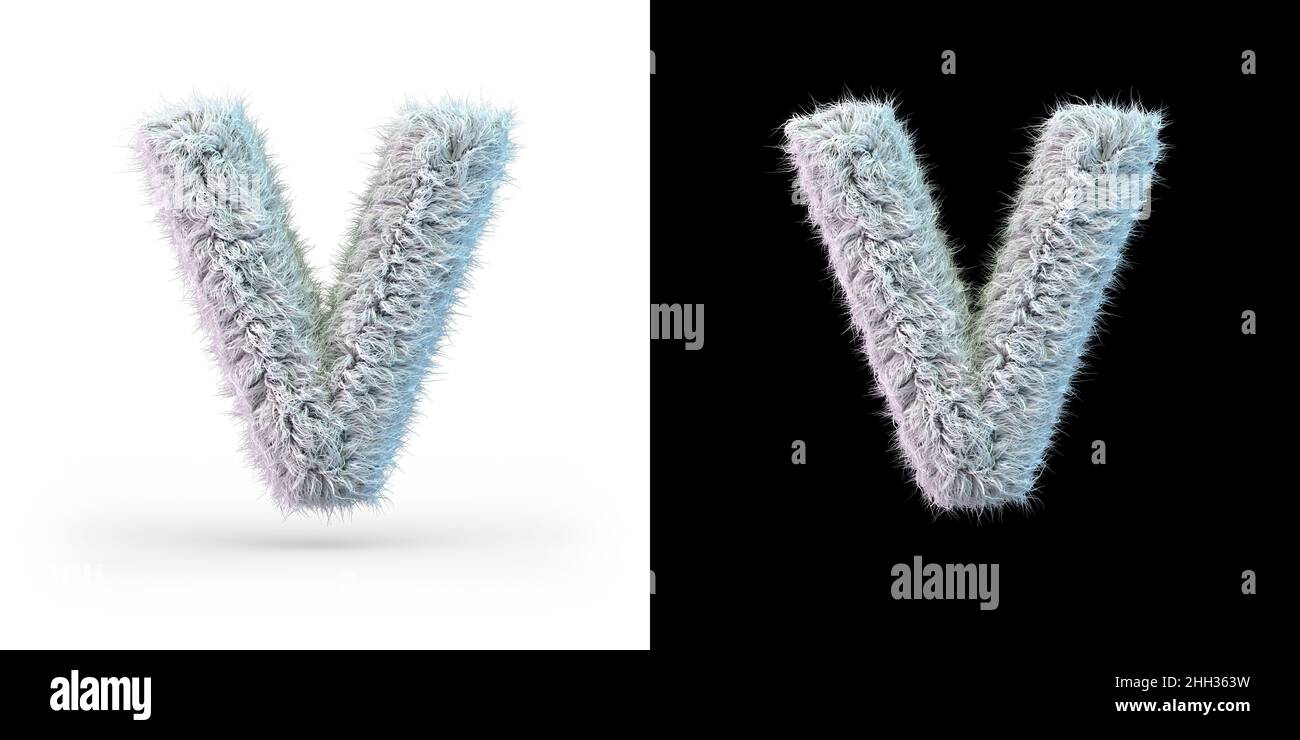 Capital letter V. Uppercase. White fluffy font on black and white ...