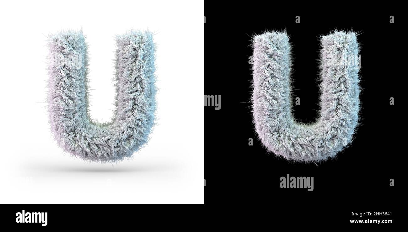 Capital letter U. Uppercase. White fluffy font on black and white ...