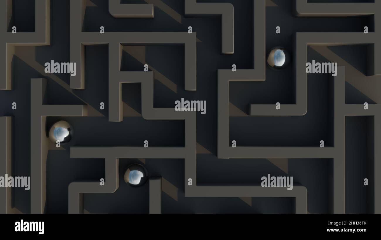 Metallic balls inside maze top view. Choices, challenge and puzzle ...