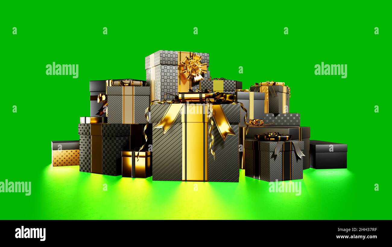 black surprise surprise gift boxes pile with reflection on green screen ...