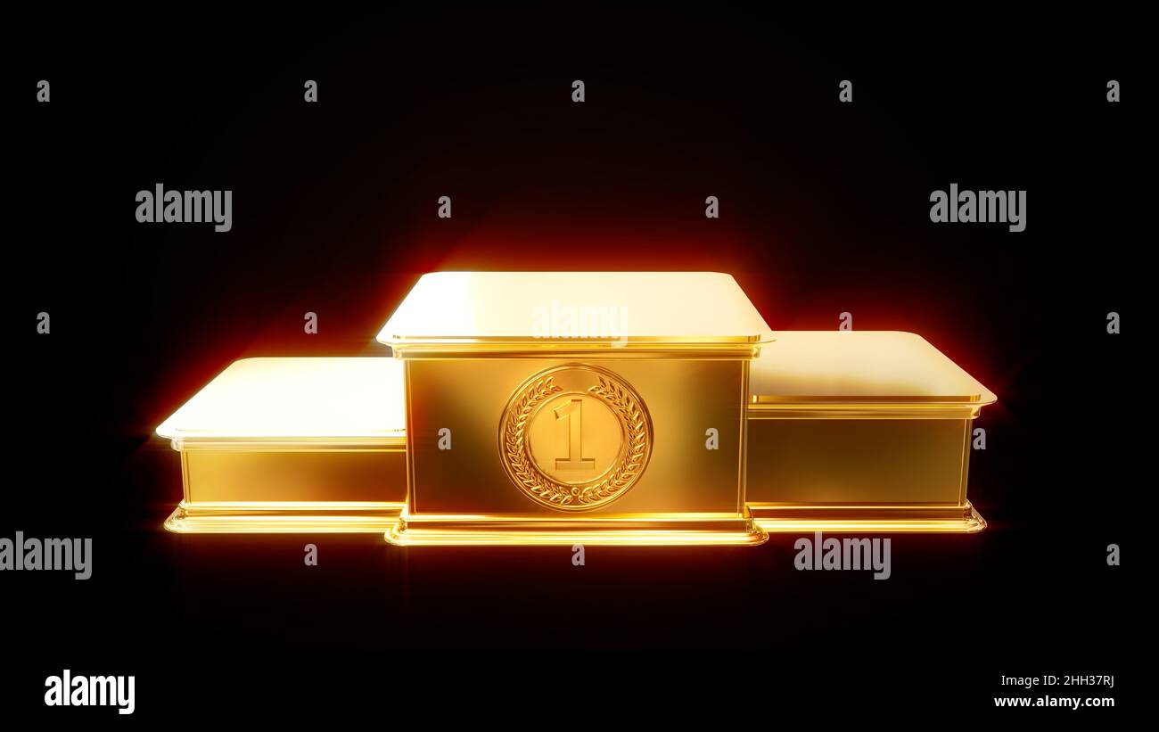 goldish metal winners award pedestal on dark background, isolated ...