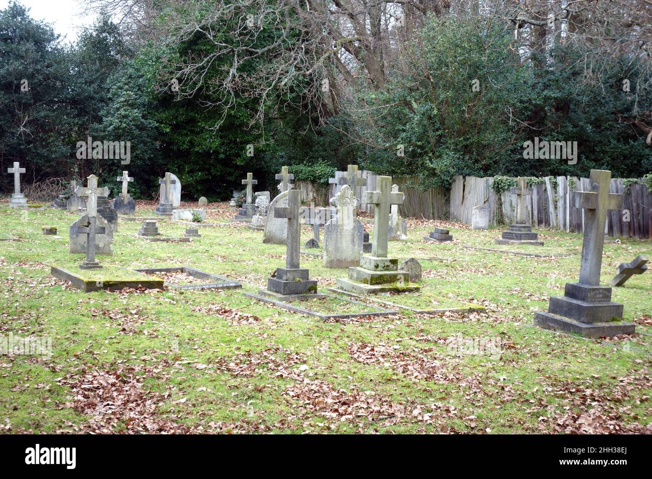 A Old Graveyard with Broken and Fallen Crosses and Graves in Overgrown Grass Spooky Stock Photo ...