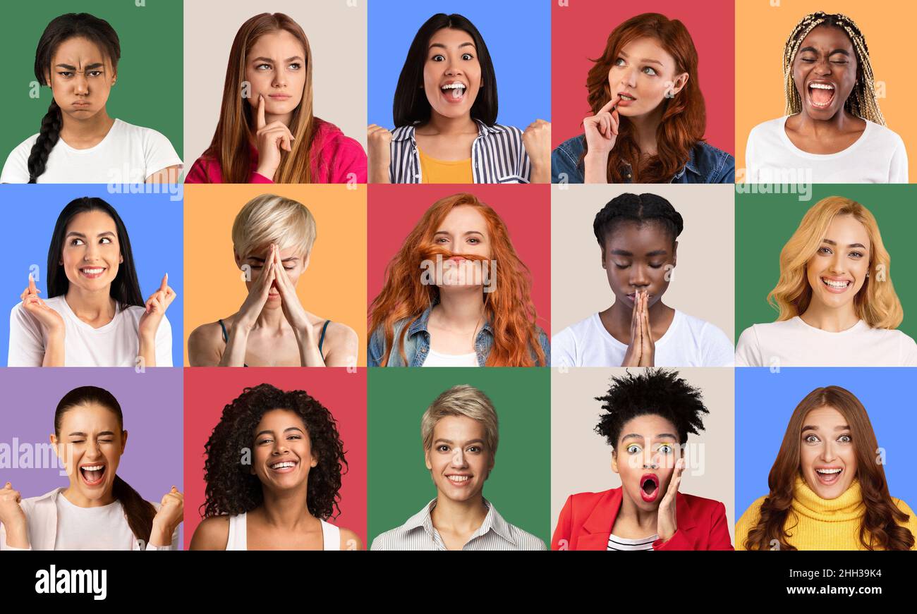 Multiple collage of diverse females expressing different emotions Stock ...