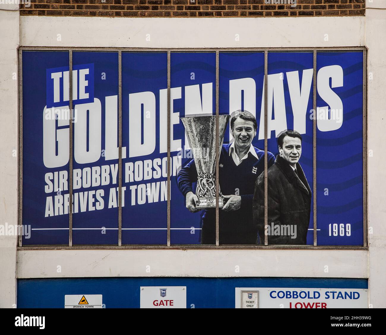 Banner celebrating Ipswich Town football club history, Portman Road ...
