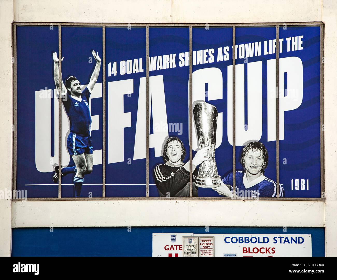 Banner celebrating Ipswich Town football club history, Portman Road ...