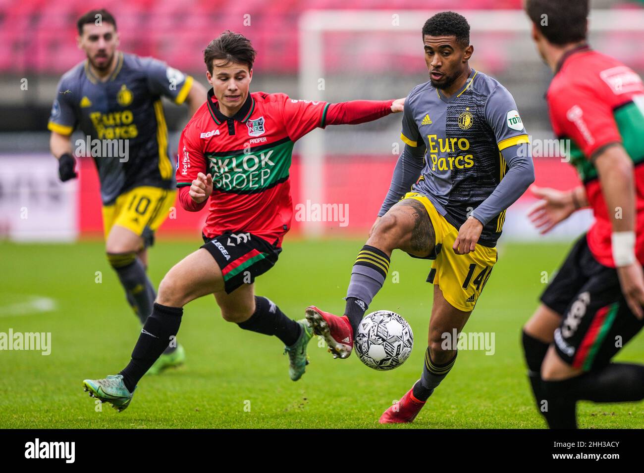 Nijmegen - Dirk Proper of NEC, Reiss Nelson of Feyenoord during the ...