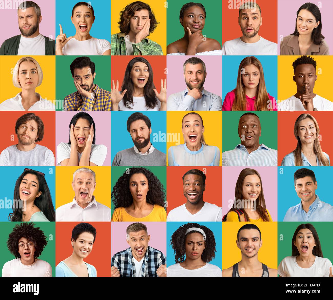 Series of diverse human faces expressing various emotions, posing over ...