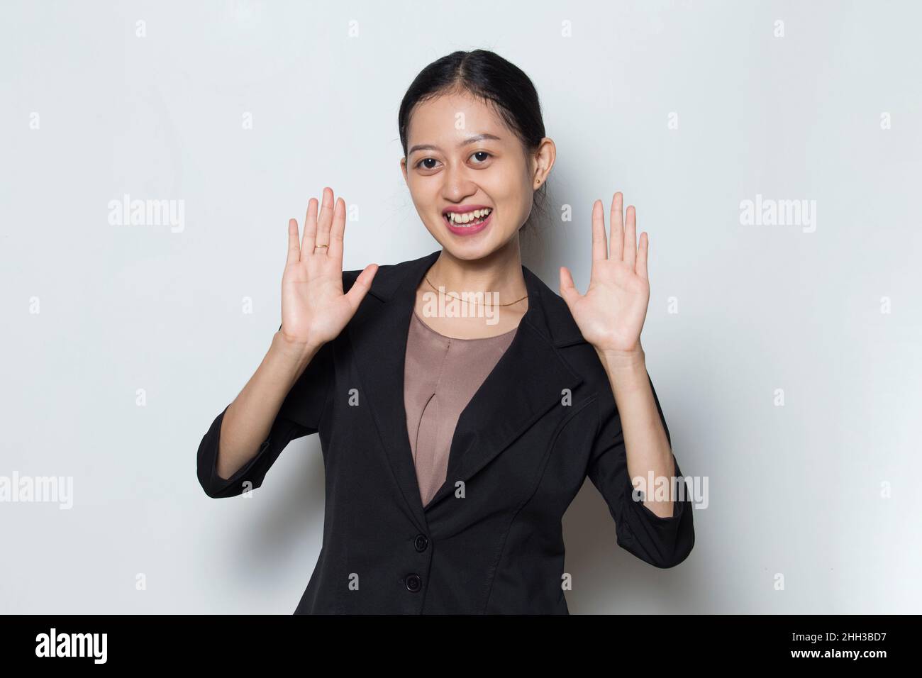Asian business woman say hello isolated on white background Stock Photo ...