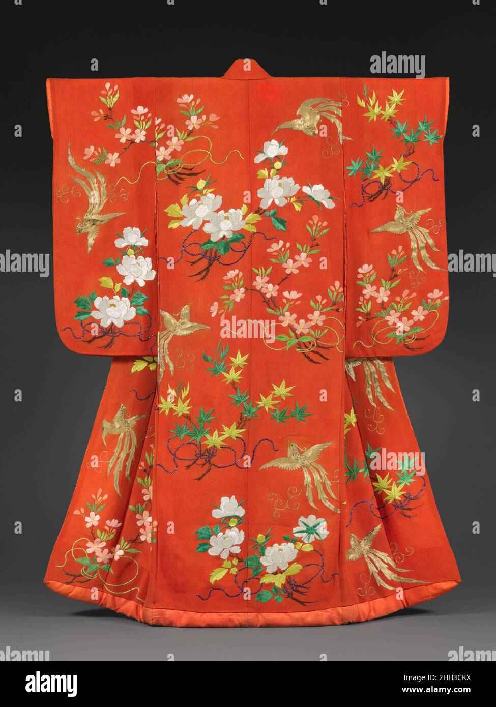 Long-Sleeved Robe (Furisode) with Phoenixes, Cherry Blossoms, Peonies ...