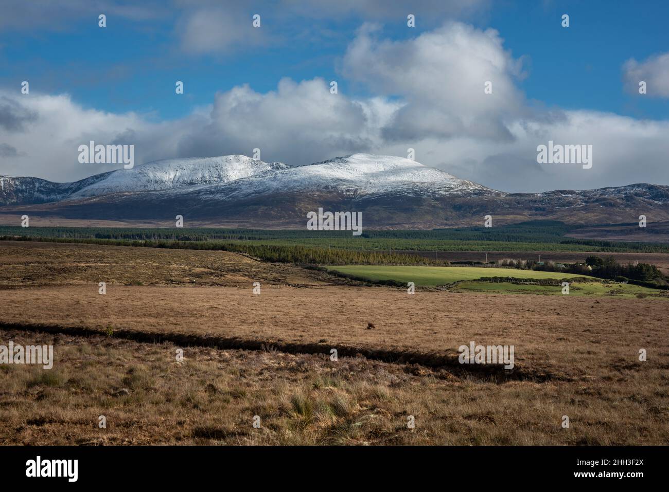 Bogland at the edge of Wild Nephin National Park in Ireland. Snow on ...