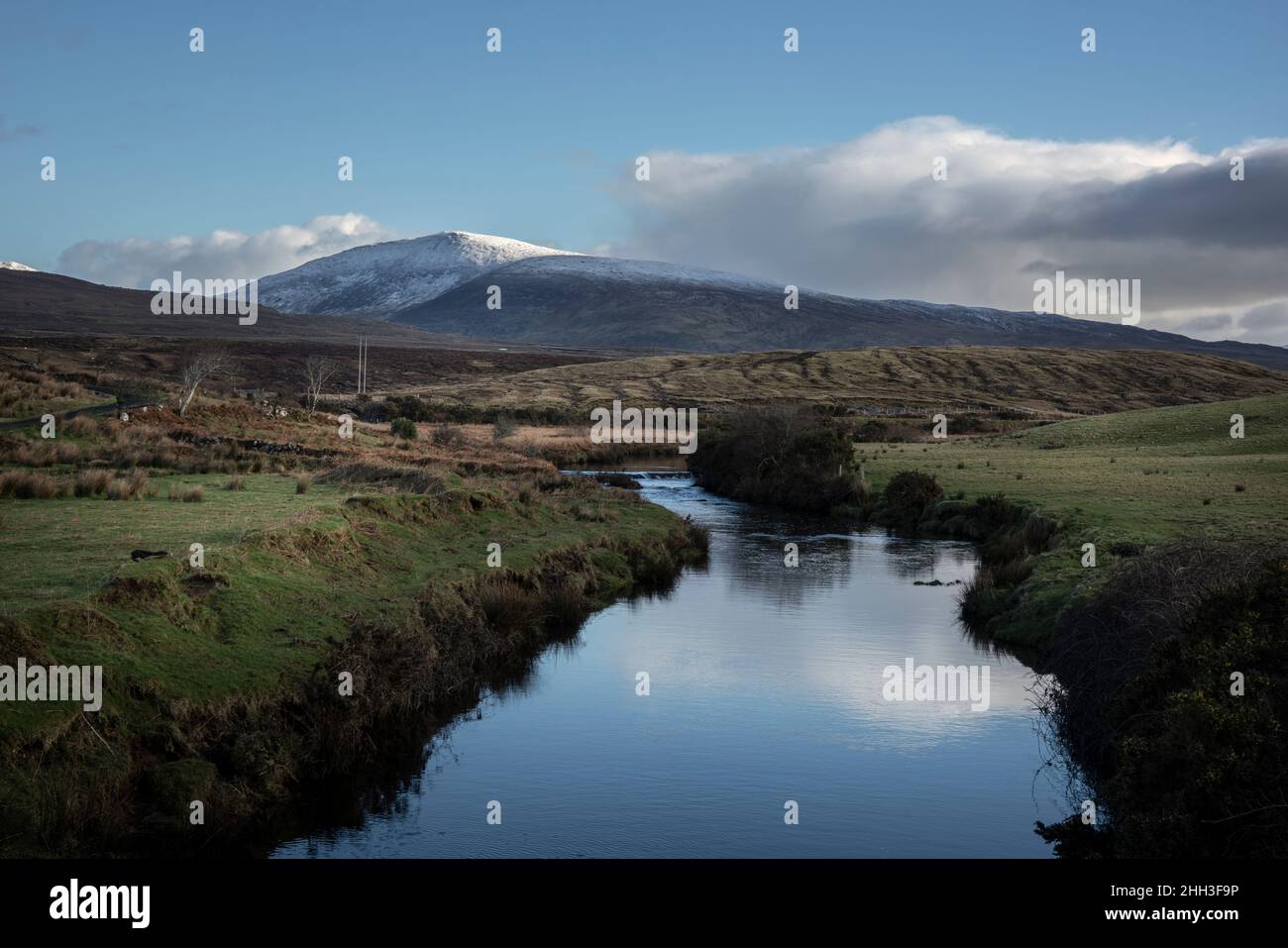 A river at the edge of Wild Nephin National Park in Ireland. Snow on ...